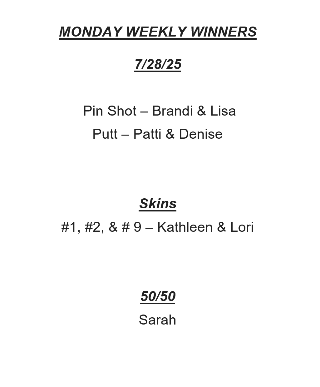 Ladies Weekly Winners - Colonial Golf Course